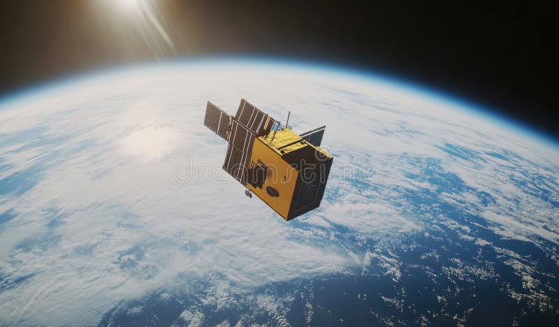 A Satellite is Currently Flying High Above the Earth in Space Stock ...