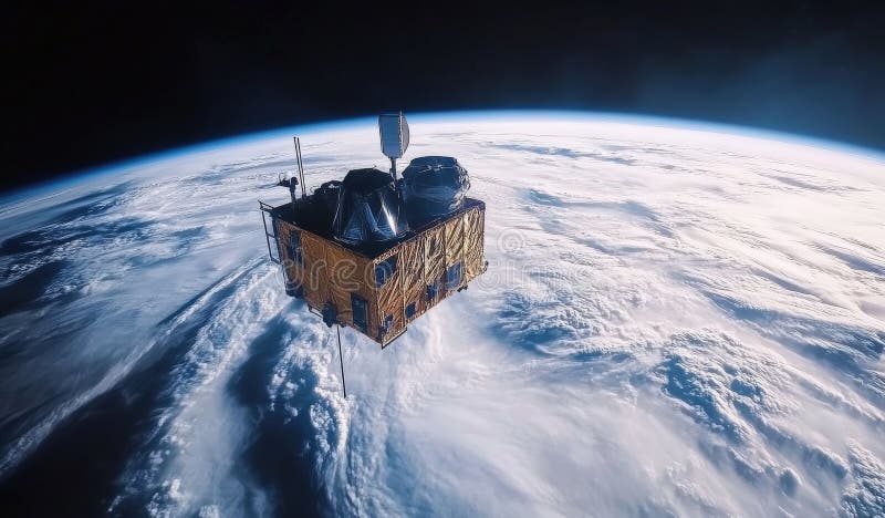 A Satellite is Currently Flying High Above the Earth in Space Stock ...