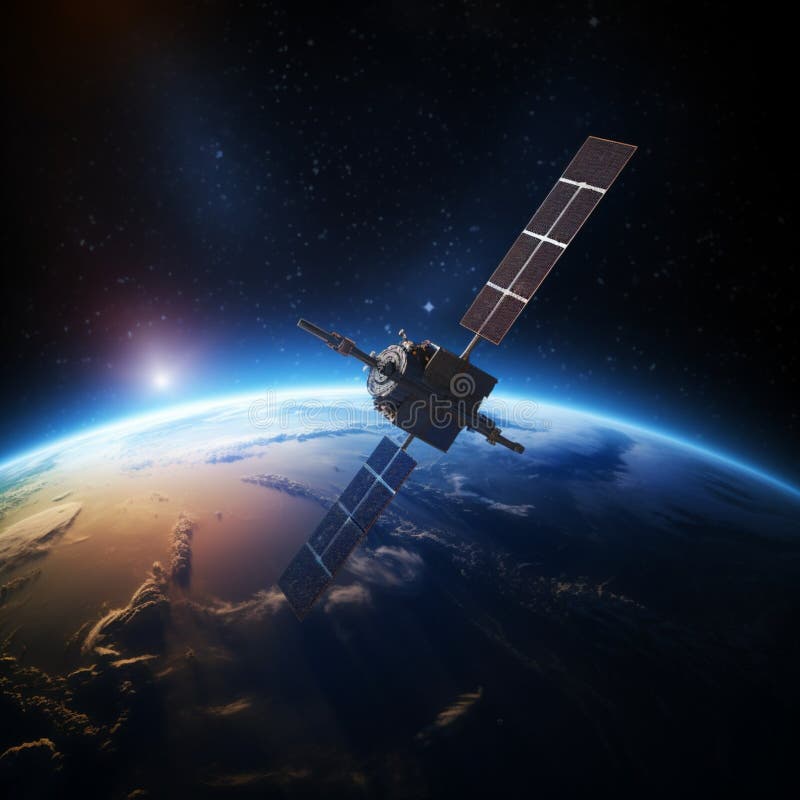Satellite 3D Render, Transmitting Signals with Earth in the Background ...