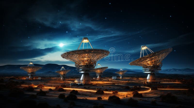 Satellite Dish Array Illuminated by Starlight in a Remote Landscape at ...