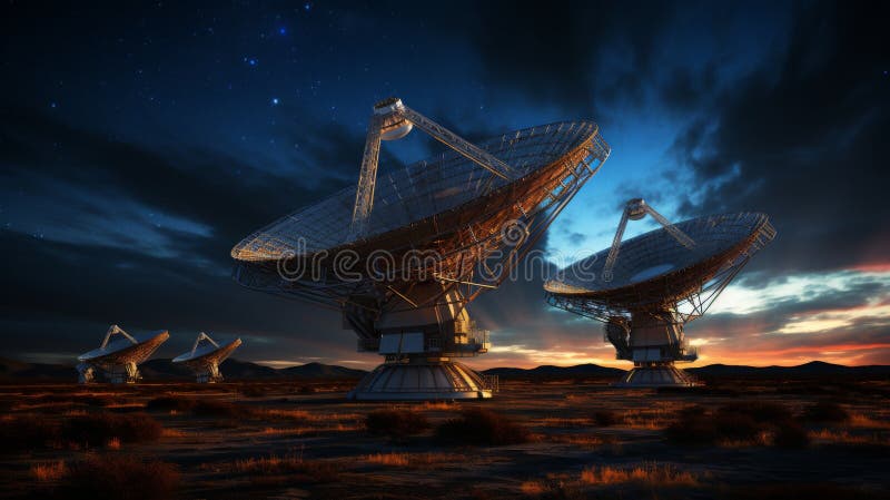 Satellite Dish Array Illuminated Under a Starry Sky at Dusk in a Remote ...