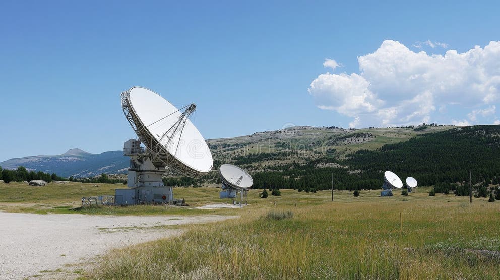 Satellite Dish Array in Open Landscape Under Clear Blue Sky Stock ...