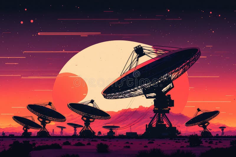 Satellite Dish Array at Sunset with Warm Light Stock Illustration ...