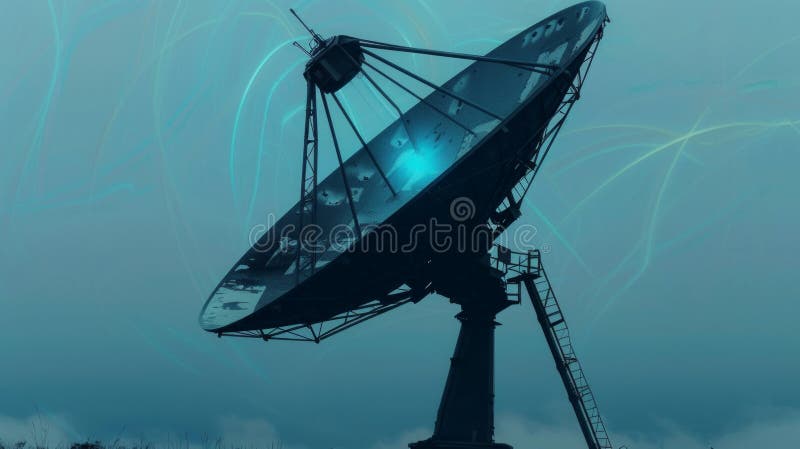 A Futuristic Satellite Dish Emits Blue Glowing Lights in Space ...