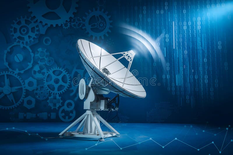 Satellite Dish Emitting Light Beam Against Blue Background with Gears ...