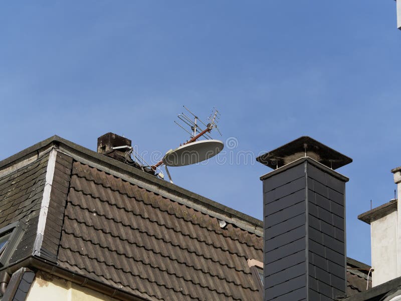 Satellite Dish Hangs on a Bent Pole. Stock Image - Image of receiver ...