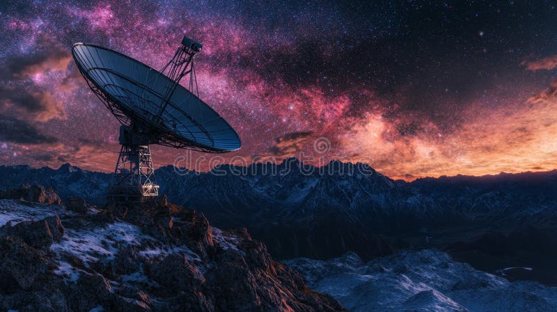 Satellite Dish at Mountain Peak Under Starry Night Sky Stock Photo ...