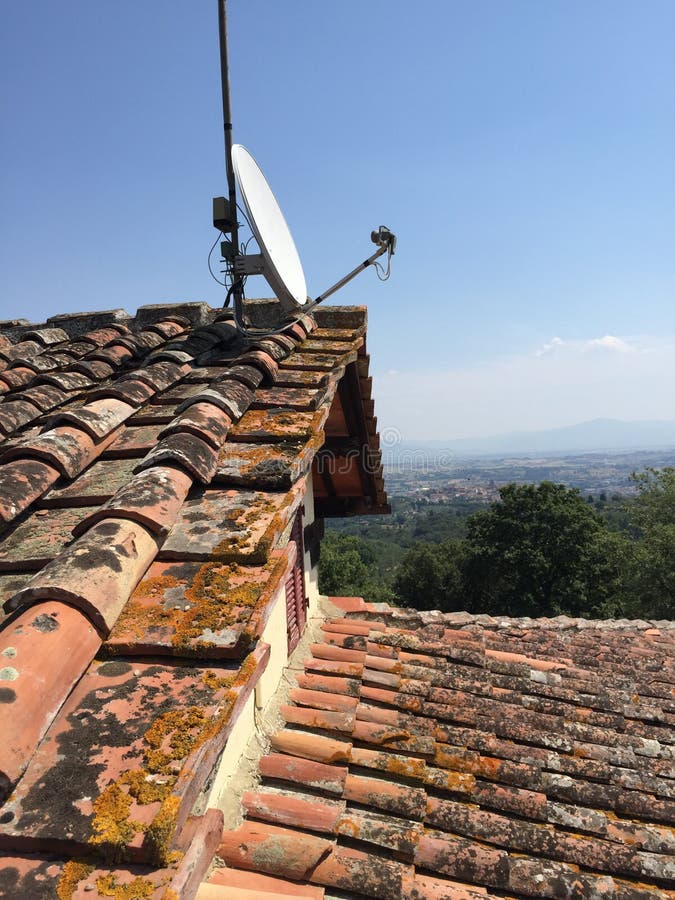 Satellite Dish on Red Tile Roof Stock Image - Image of internet, lichen ...