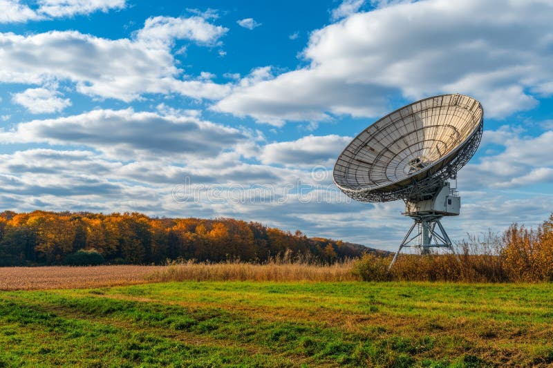Satellite Dish in Remote Field Under Cloudy Blue Sky. AI Generative ...