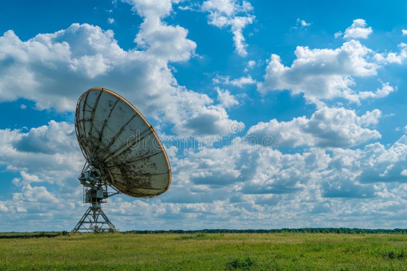 Satellite Dish in Remote Field Under Cloudy Blue Sky. AI Generative ...