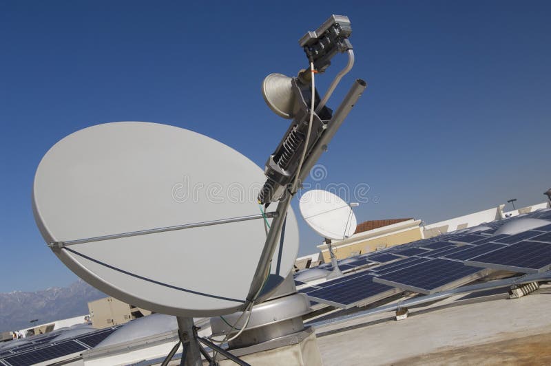 Satellite Dish with Solar Panels Stock Photo - Image of electricity ...
