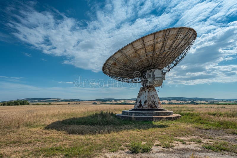 Large Satellite Dish in Open Field Under Cloudy Sky. Artificial ...