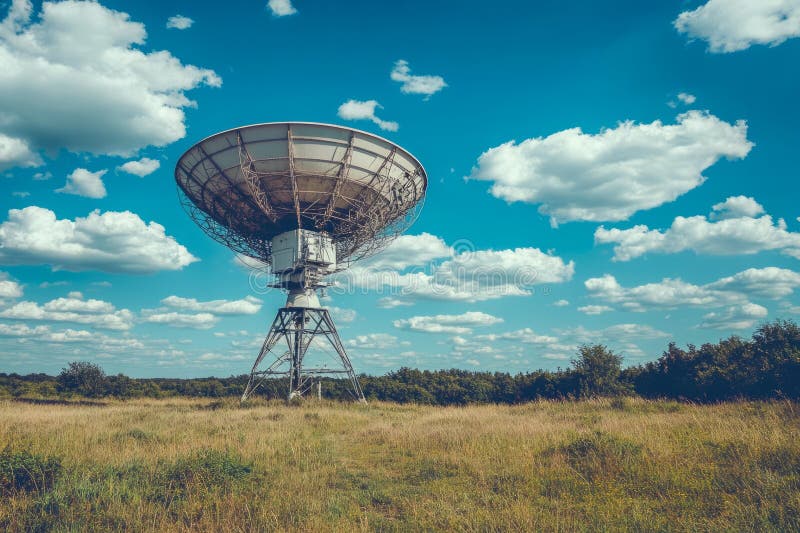 Large Satellite Dish in Open Field Under Cloudy Sky. Artificial ...