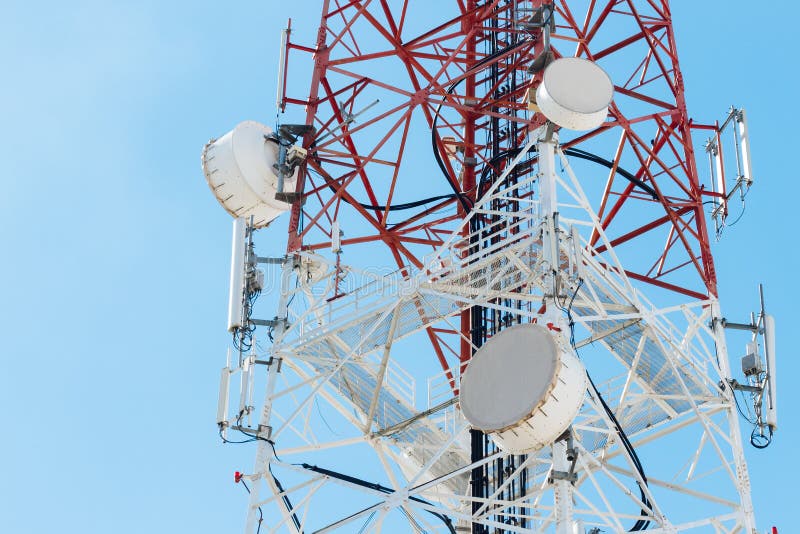 Satellite Dish Telecom Tower on Blue Sky Stock Image - Image of media ...