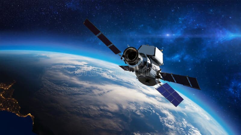 Satellite Equipped with Solar Panels and Instruments Orbits Earth in ...