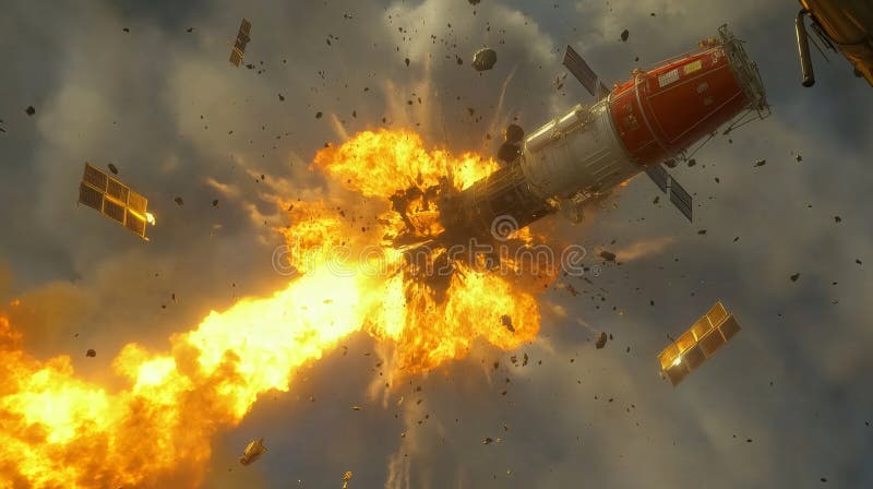 Satellite Exploding Creating Debris in Space Stock Illustration ...