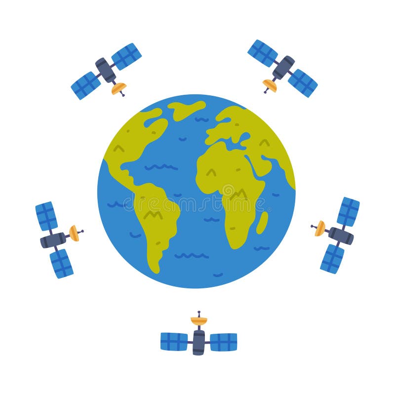 Satellite Flying Around Earth Globe As Future Technology Device Vector ...