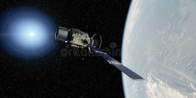 Satellite Flying Over the Earth Atmosphere in Space. 3d Rendering Stock ...