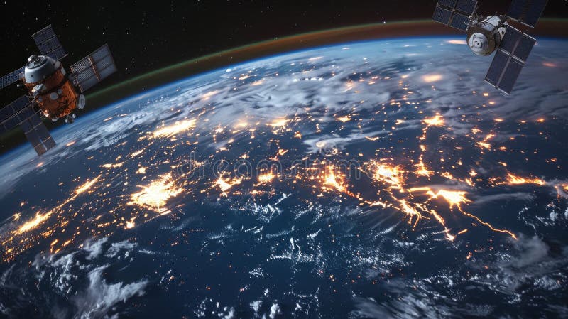 A Satellite is Flying Over the Earth at Night Stock Photo - Image of ...