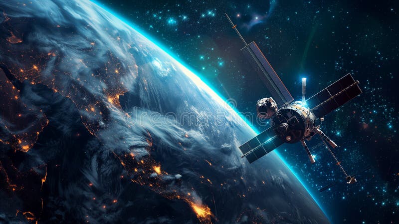 A Satellite is Flying Over the Earth in Space Stock Illustration ...