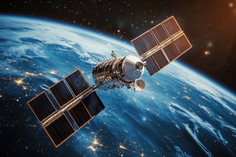 A Satellite is Flying through Space Above the Earth Stock Illustration ...