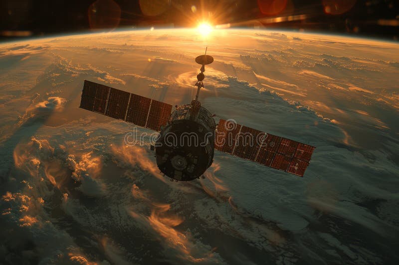 Earths Horizon and Satellite from ISS at Sunset Stock Photo - Image of ...
