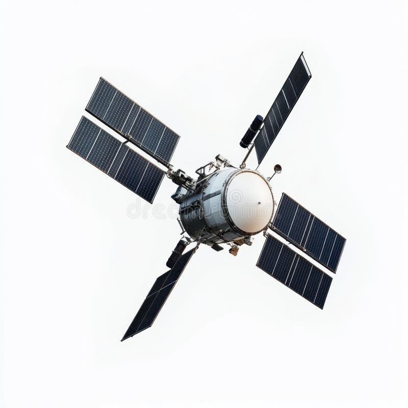 A Satellite with Four Solar Panels is Flying in the Sky Stock ...