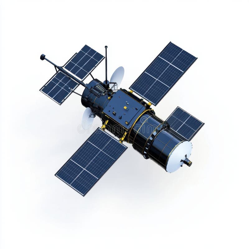 A Satellite with Four Solar Panels is Flying in the Sky Stock ...