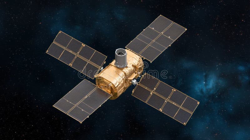 Satellite with Four Solar Panels Orbits Deep in Space Against a ...