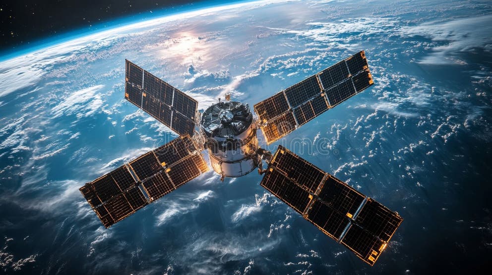 Satellite in Geostationary Orbit Transmitting Data To Earth with Solar ...