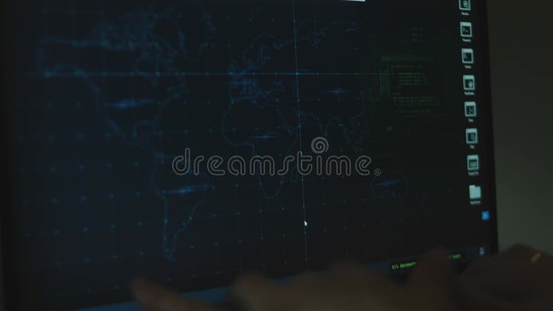 Satellite Hacking and Software Development on Computer Monitor and Global Map. Hacking Concept ...