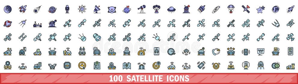 100 Satellite Icons Set, Color Line Style Stock Vector - Illustration ...