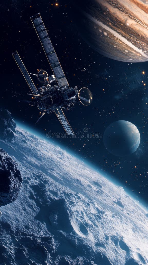 Satellite with Jupiter and Moon Seen from Space Stock Image - Image of ...