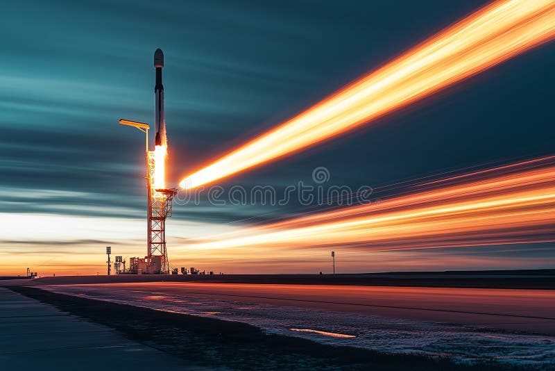 Satellite Launch Captured Moments before Takeoff at Dusk with Fiery ...