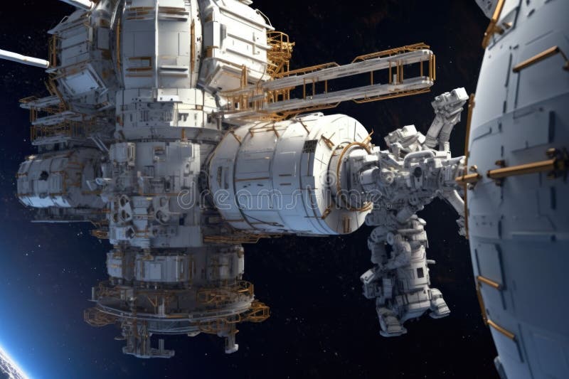 Satellite Maintenance in Space with Robotic Arm Stock Illustration ...