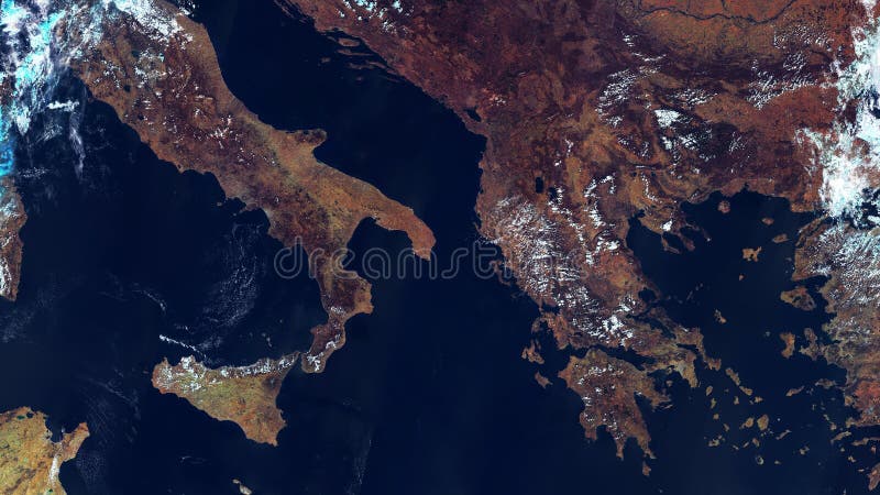 Satellite Map of Europe, Mediterranean Coast, Italy and Greece Stock ...
