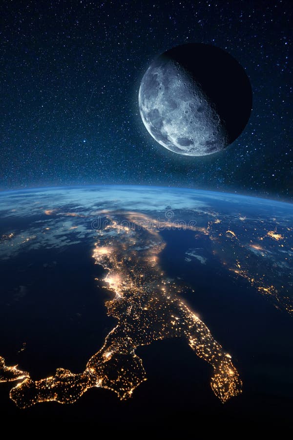 Satellite Moon Near Blue Planet Earth and Night Cities with Lights ...