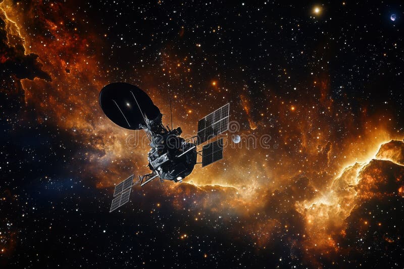 Satellite Exploring Deep Space with Celestial Nebulae in Background ...