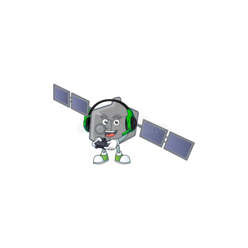 Satellite Network Cartoon Picture Play a Game with Headphone and ...