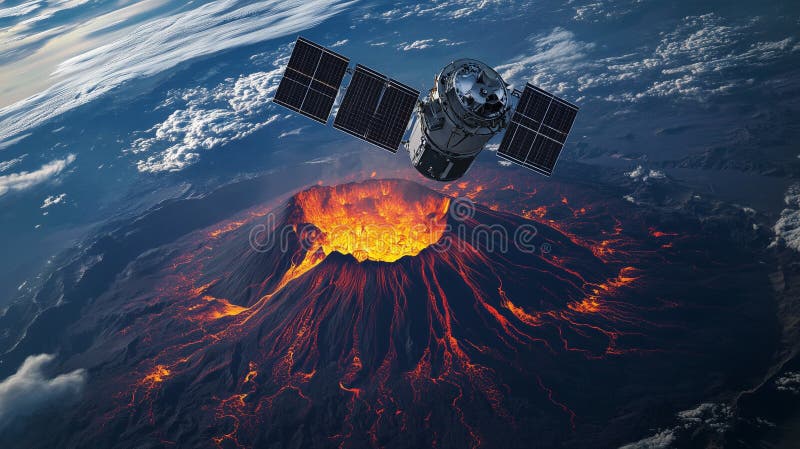 A Satellite Observing an Erupting Volcano with Glowing Lava Flows and a ...