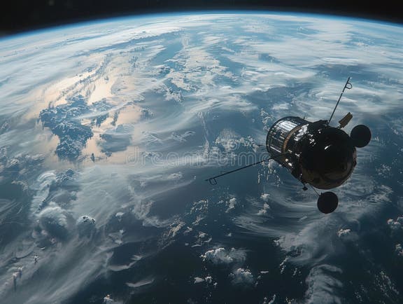 Satellite in Orbit Around Earth with Beautiful Cloud Formations and ...