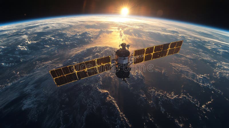 Satellite in Orbit Around Earth Capturing Telemetry Data with Solar ...