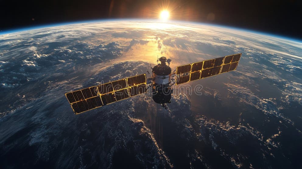 Satellite in Orbit Around Earth Capturing Telemetry Data with Solar ...