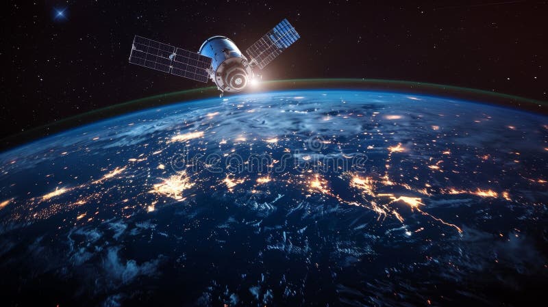 Satellite Orbit Blue Light Reflects Off City Lights on Earth in ...