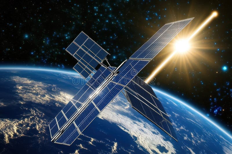 Satellite in Orbit Capturing Sunlight Above Earth during a Clear Moment ...