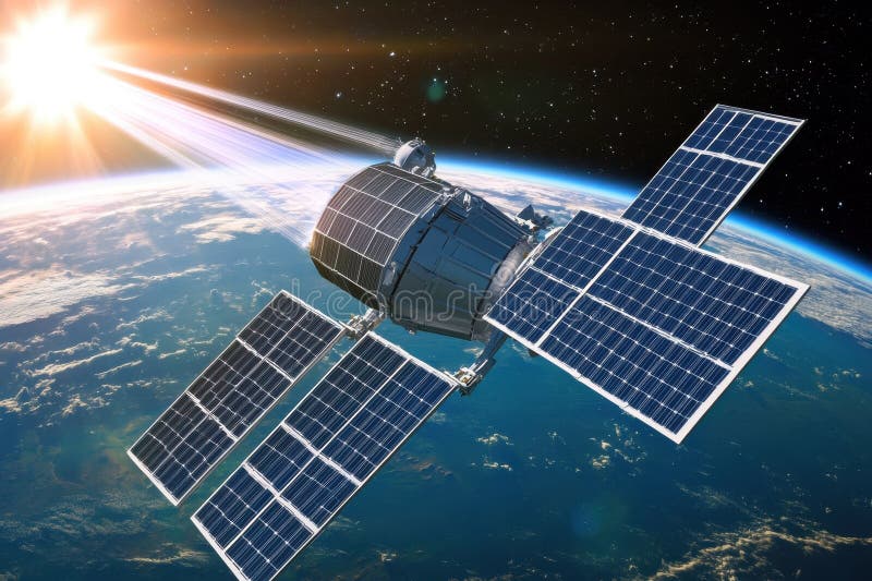Satellite in Orbit Capturing Sunlight Over Earth with Solar Panels ...