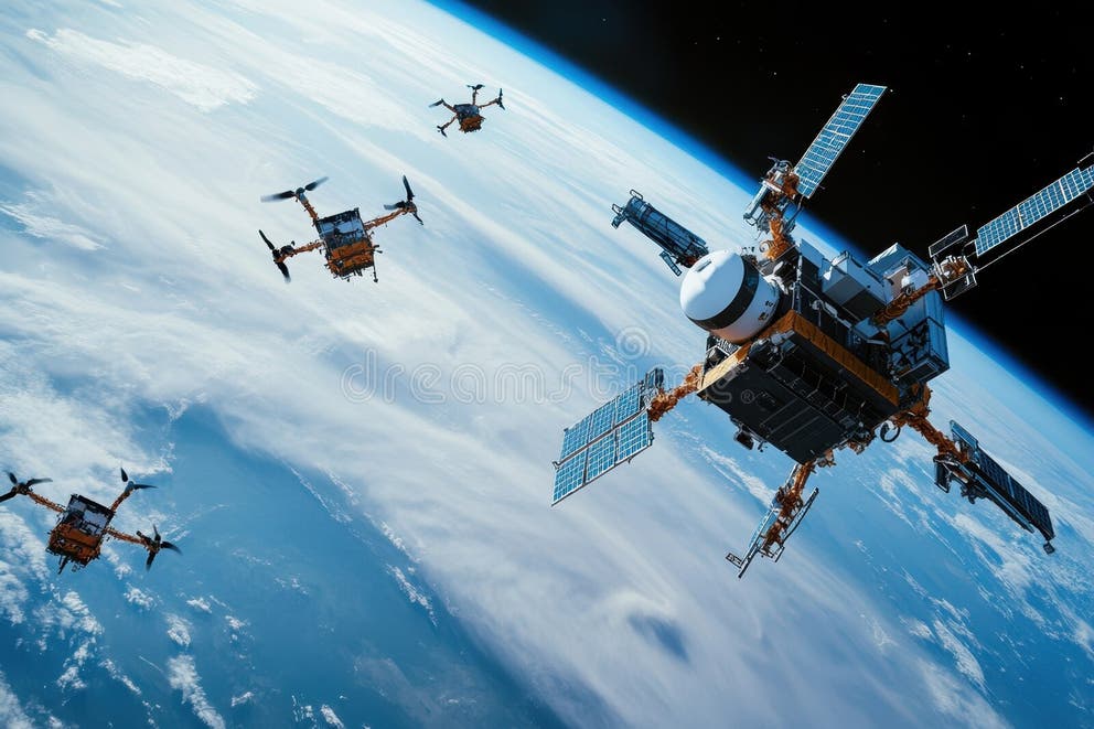 Satellite in Orbit with Drones Performing Tasks in Low Earth Atmosphere ...