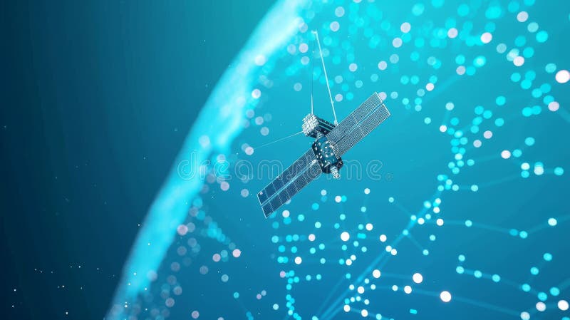 Satellite in Orbit with Global Network Visualization Stock Image ...