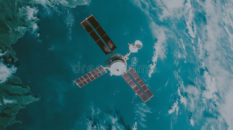Satellite in Orbit Over Earth with Ocean and Clouds in Top View for ...