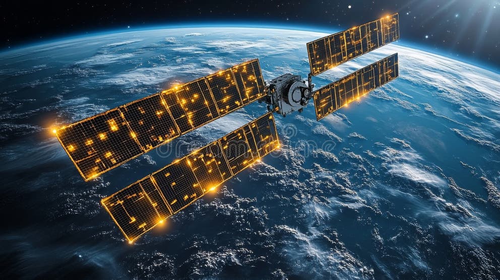 Satellite in Orbit with Solar Panels Reflecting Sunlight Above Earth ...